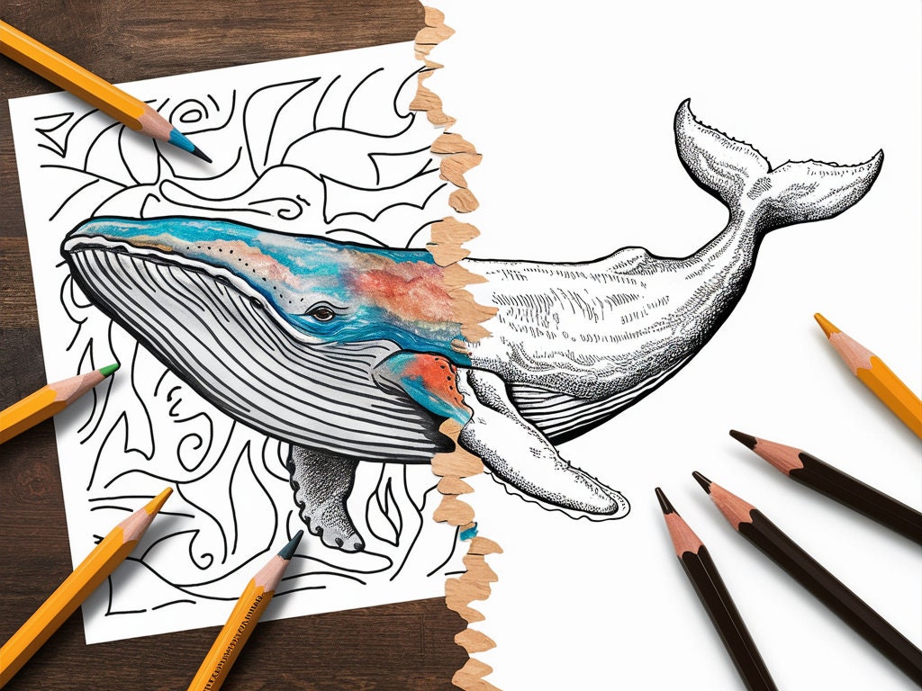 Whale Coloring Page Printable Ocean Art for Kids & Adults - Etsy