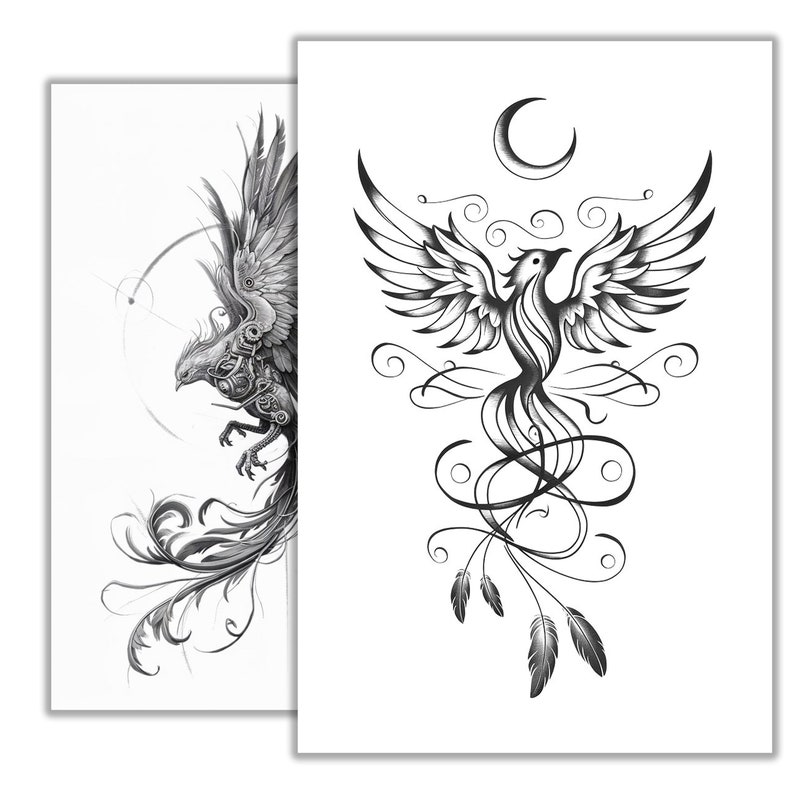 Phoenix Tattoo Sketch - Mythical Bird Line Art Design - Rebirth & Fire ...