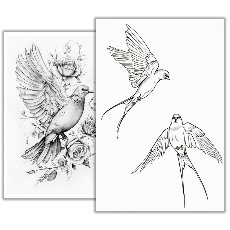 Bird Tattoo Sketch – Black and White Line Art, Minimalist Bird Flash ...