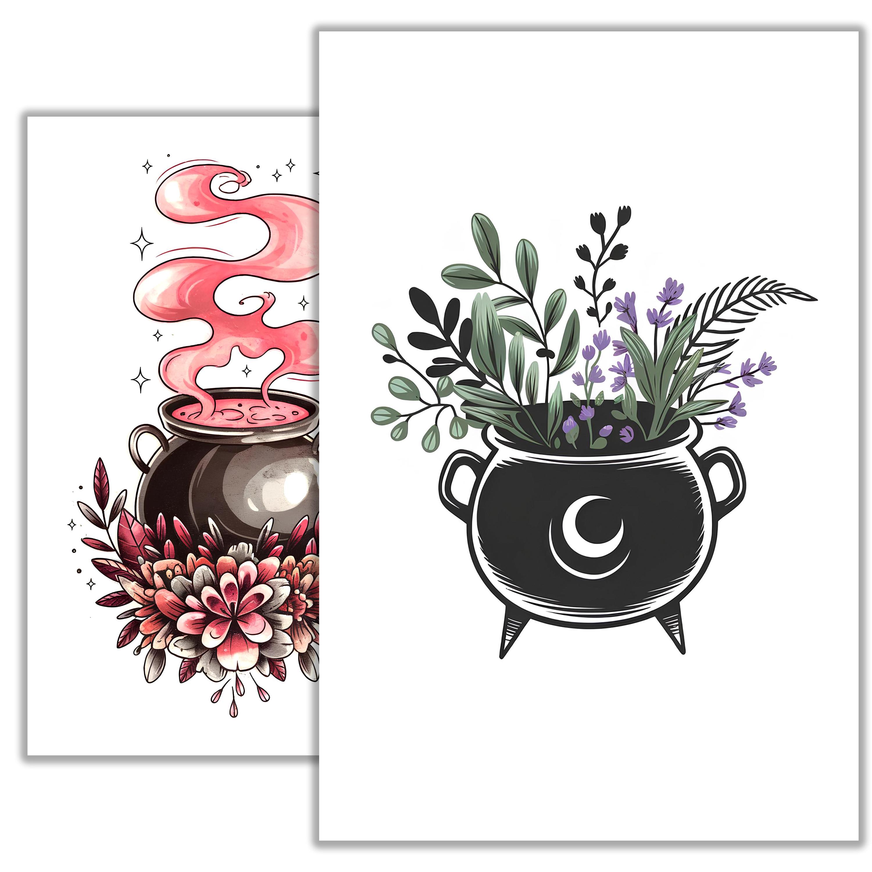 Witch Cauldron Tattoo Sketch – Magical Potion Pot Line Art, Blackwork ...