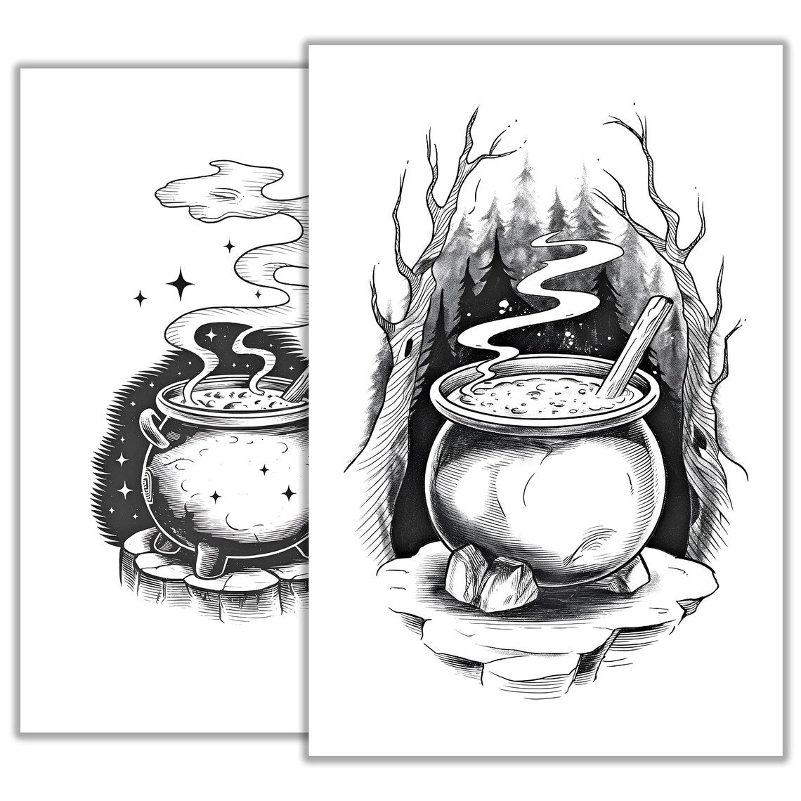 Witch Cauldron Tattoo Sketch – Magical Potion Pot Line Art, Blackwork ...