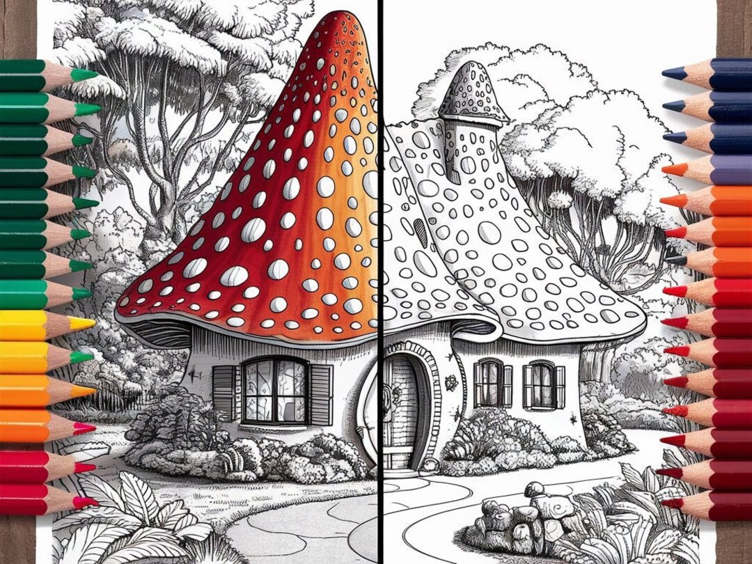 Mushroom House Coloring Page Printable Whimsical Art for Kids & Adults ...