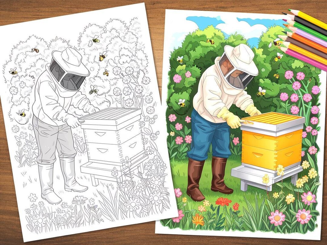 Apiary Coloring Page Detailed Bee Hive and Bees Illustration for Adults ...