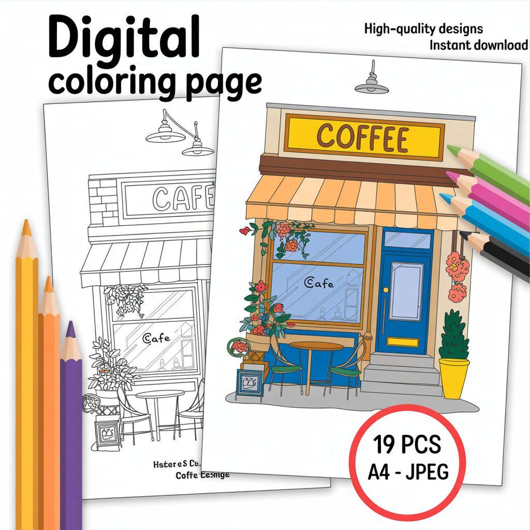 Cafes, Coffee Shops & Libraries Coloring Pages – Printable Cozy Scene ...
