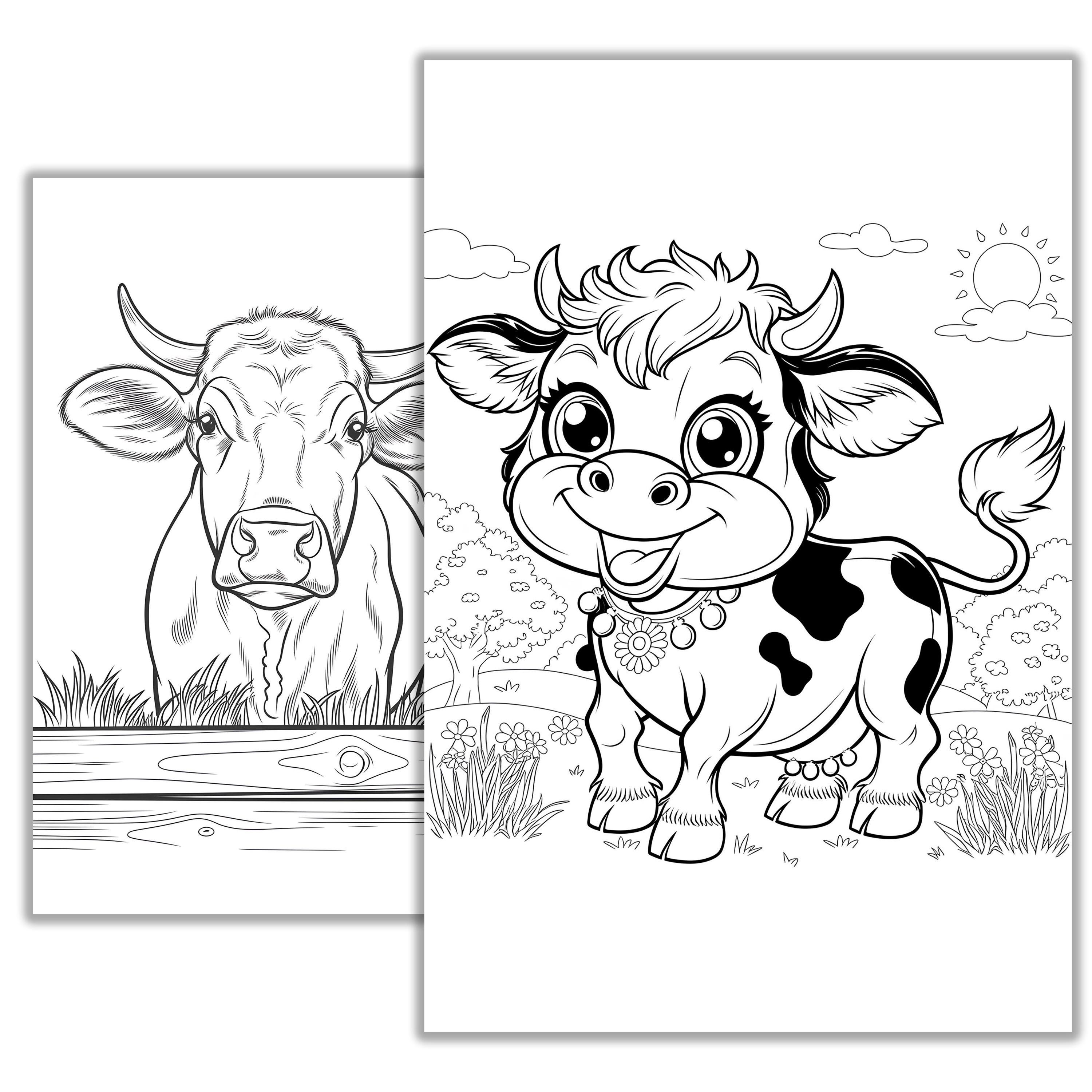 Cow Coloring Page - Farm Animal Printable Design - Cute Cow Line Art ...