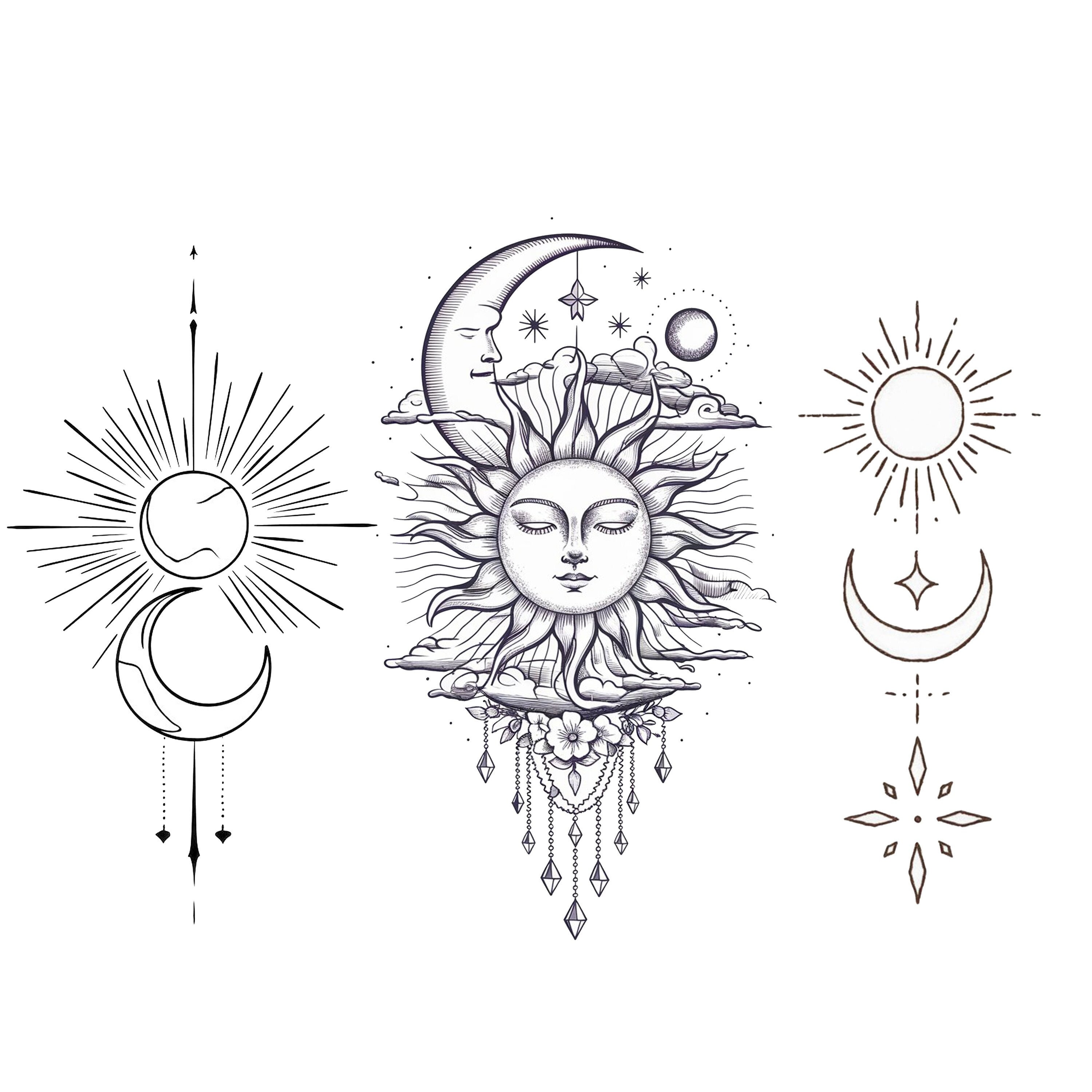 Moon and Sun Tattoo Sketch | Celestial Balance Design for Artists ...