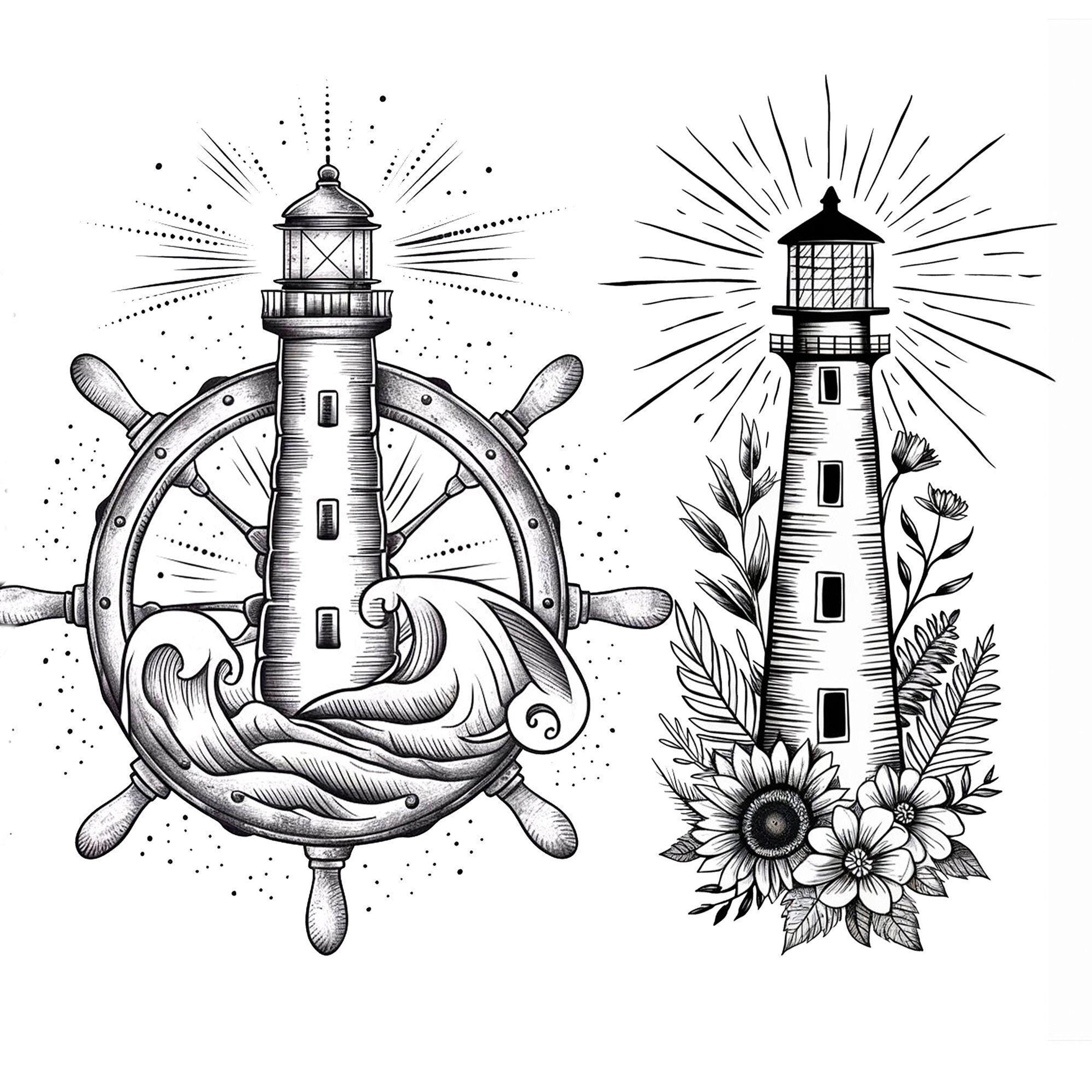 Lighthouse Tattoo Sketch - Coastal Nautical Line Art - Minimalist ...