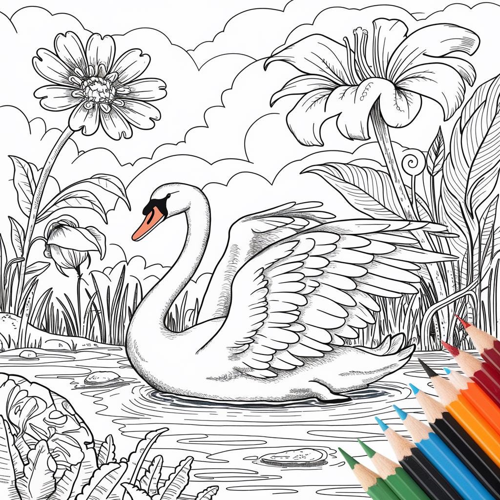 Graceful Swan Coloring Page - Printable Elegant Bird Design for Kids ...