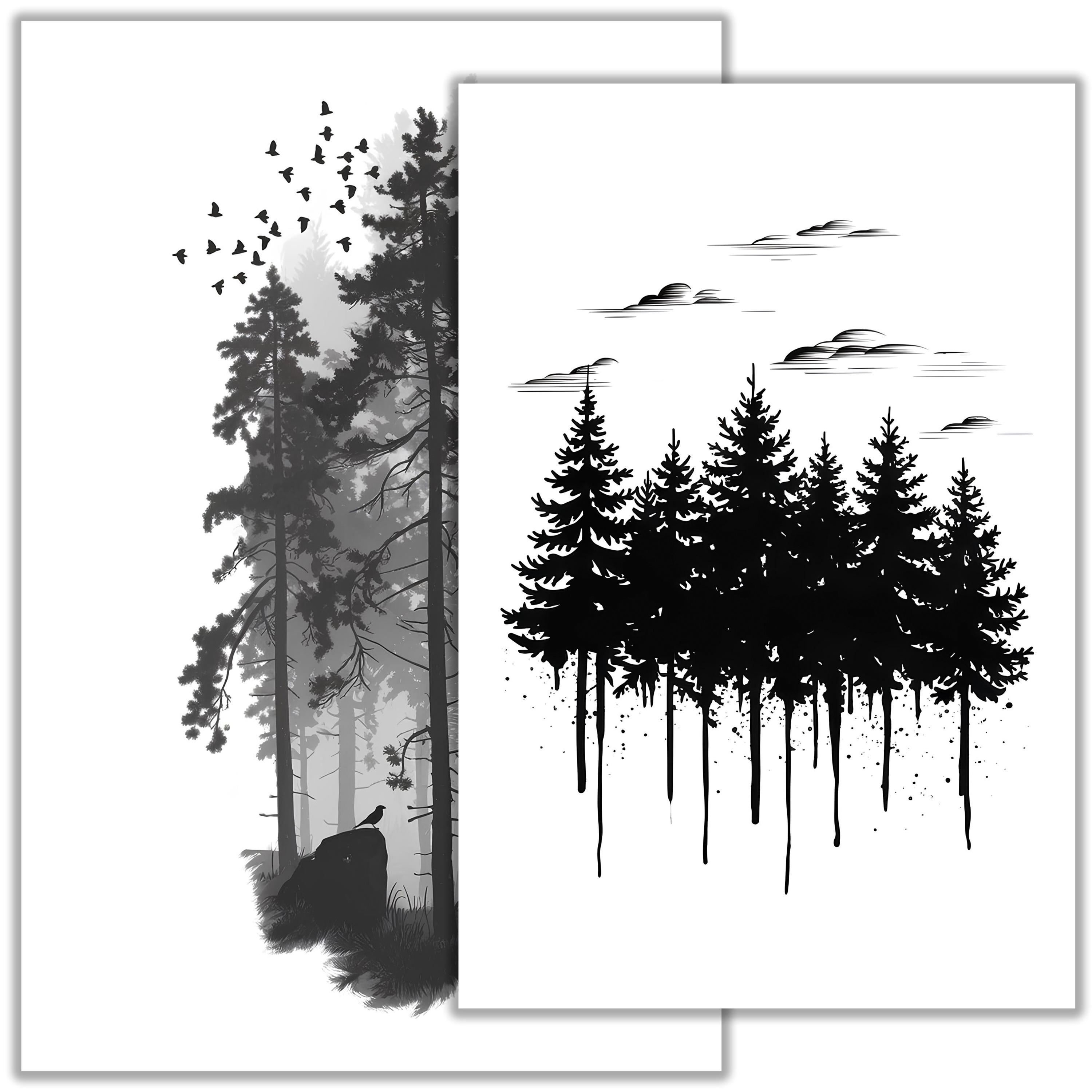 Forest Tattoo Sketch – Nature Inspired Line Art Design, Black & White ...