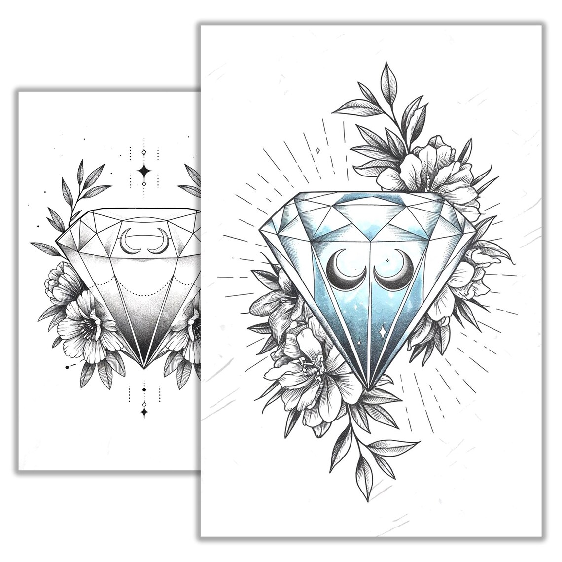 Diamond Tattoo Sketch – Black and White Line Art Gem Design, Fine Line ...