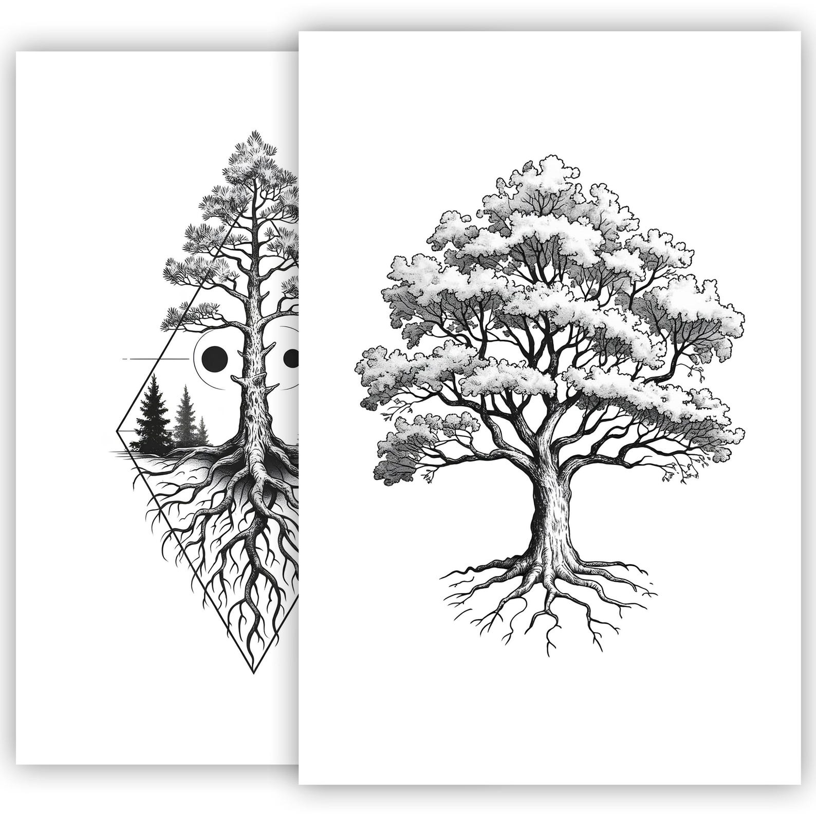Tree Tattoo Sketch – Fine Line Nature Tattoo Design, Minimalist Forest ...