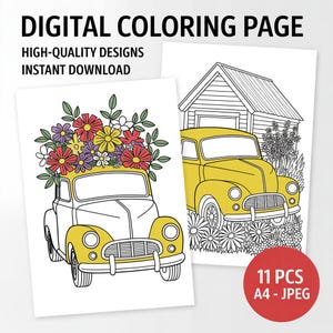 Car With Flowers Coloring Page – Printable Floral Vehicle Art for Kids ...