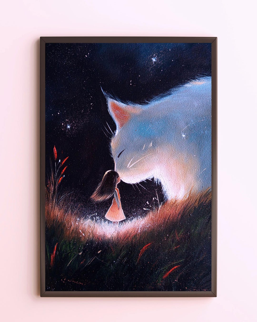 Moonlight Friendship Oil Painting – Whimsical Cat and Girl Art, Magical ...