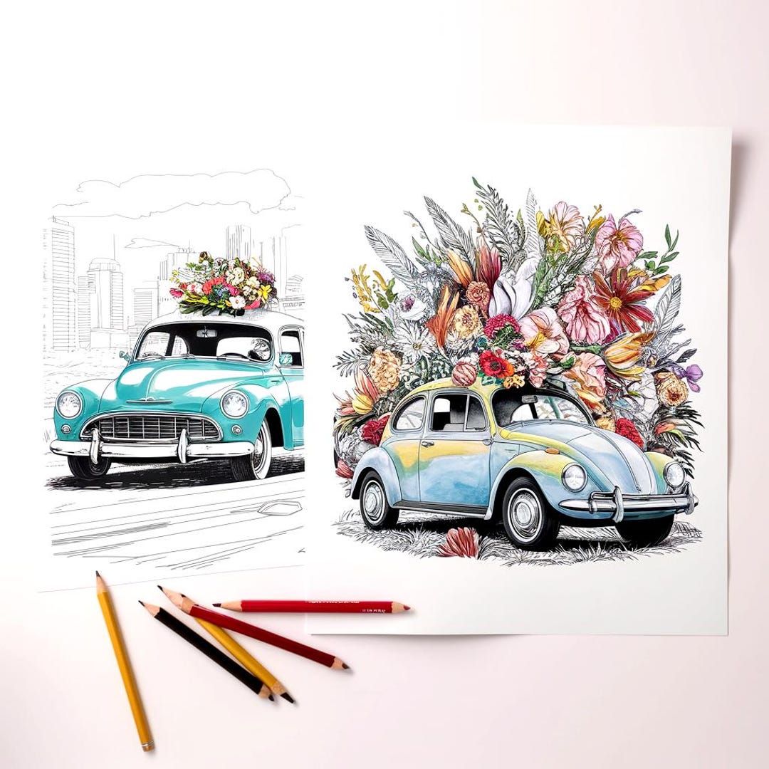 Car With Flowers Coloring Page | Printable Unique Art for Kids & Adults ...