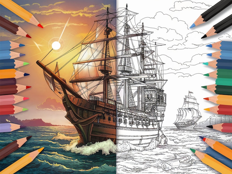 Ships Coloring Page Printable Nautical Art for Kids & Adults - Etsy