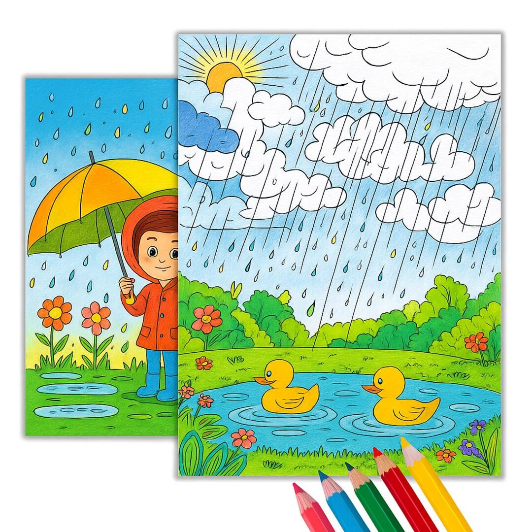 Rain Coloring Page – Relaxing Printable Line Art for Adults & Kids ...