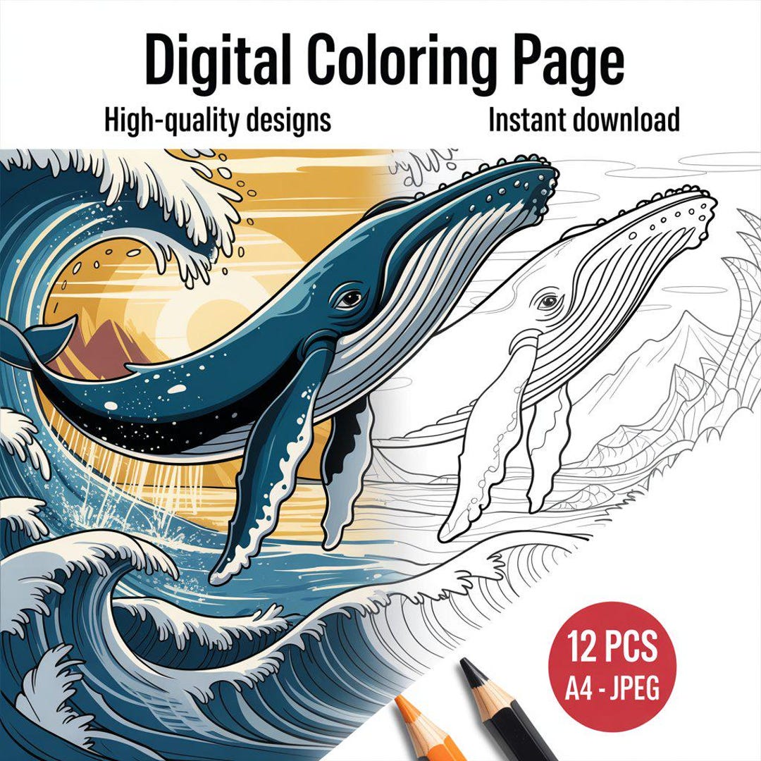 Whale Coloring Page – Ocean Animal Printable for Kids & Adults, Marine ...