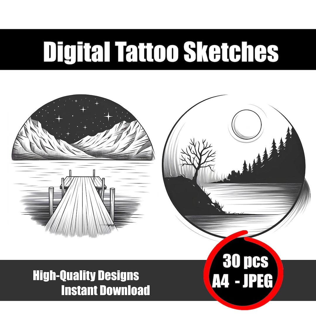 Lake Tattoo Sketch – Nature Inspired Line Art Design, Black & White ...