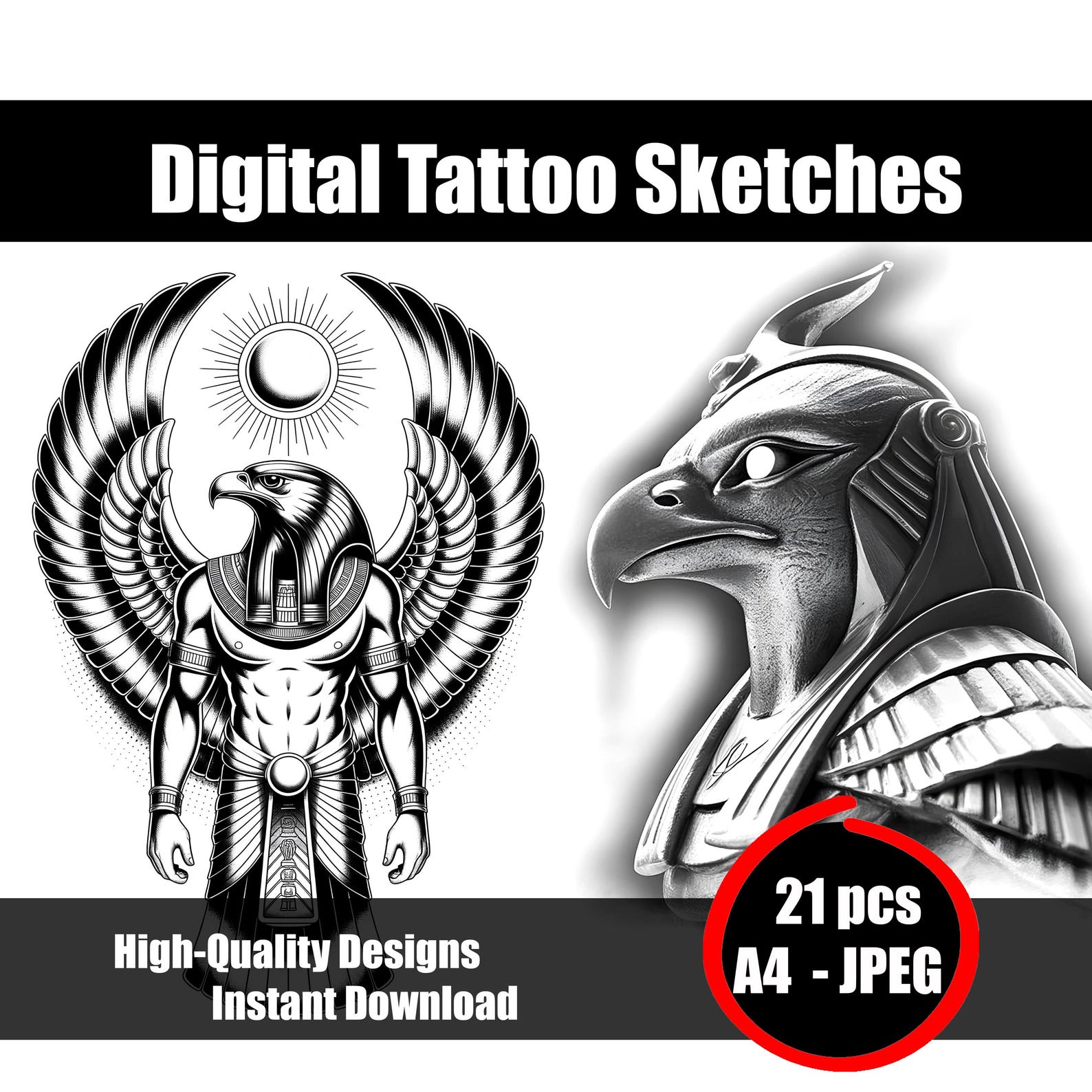 God Ra Tattoo Sketch #2– Egyptian Sun God Design, Falcon Head Line Art ...