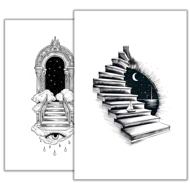 Stairway Tattoo Sketch – Surreal Staircase Tattoo Design | Blackwork ...