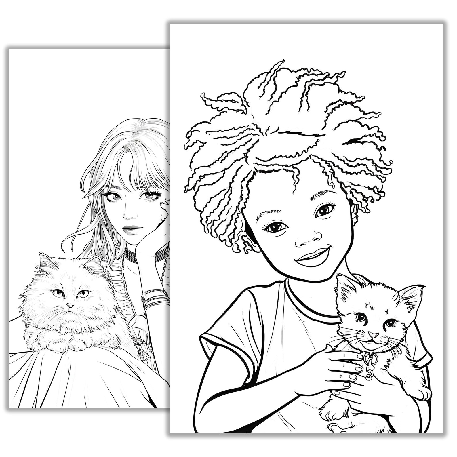Girl With Cat Coloring Page - Etsy