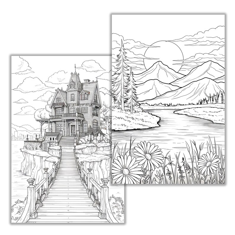 Landscape Coloring Page – Scenic Nature Printable for Adults & Kids ...