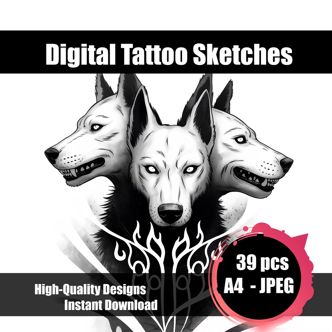 Cerberus Tattoo Sketch – Three-headed Dog Line Art, Mythology Tattoo ...