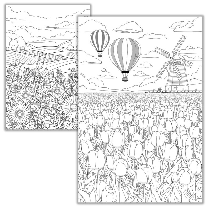 Flowers in the Field Coloring Page. Printable Floral Scene for Kids and ...