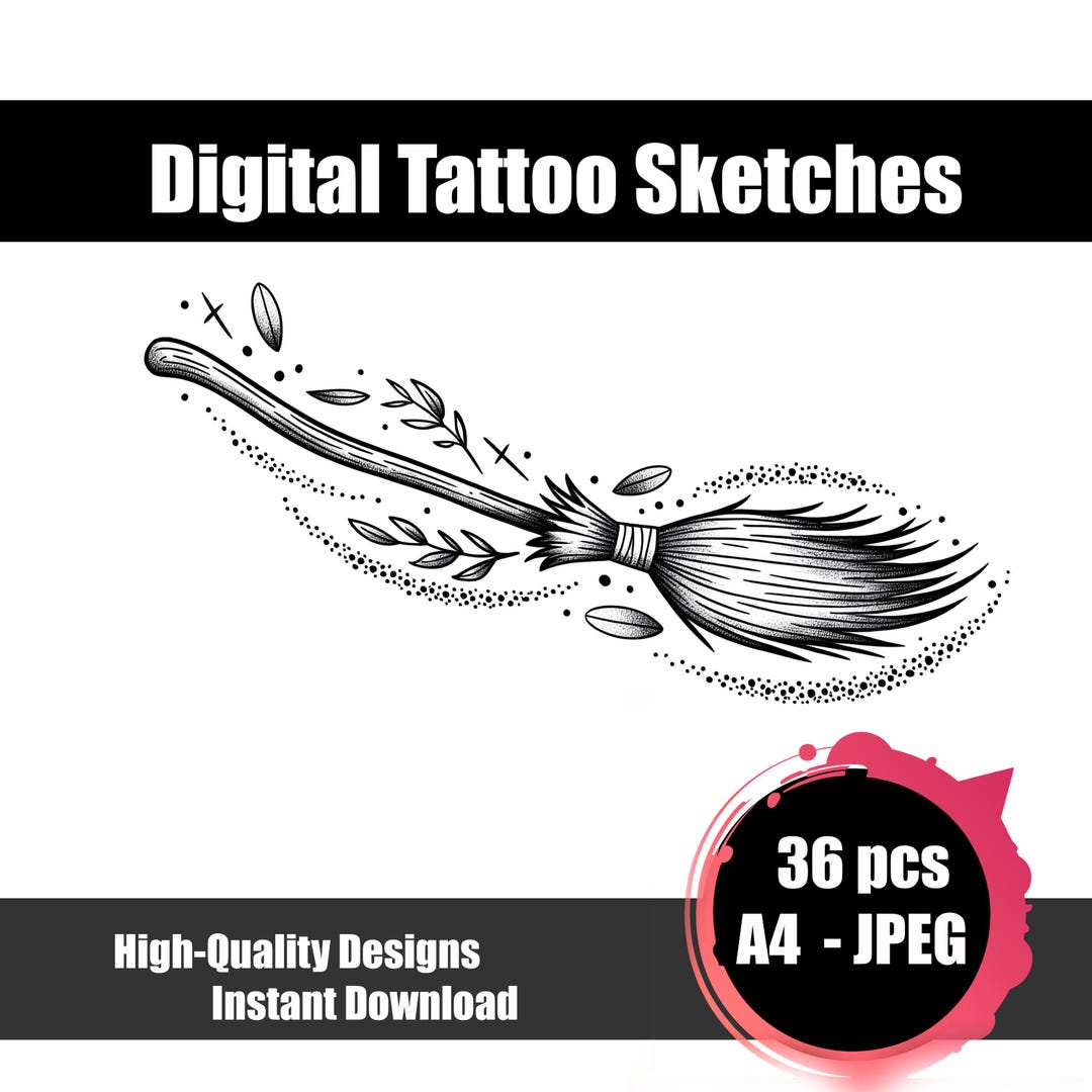 Broom Tattoo Sketch | Witch Broom Blackwork Tattoo Design | Minimal ...