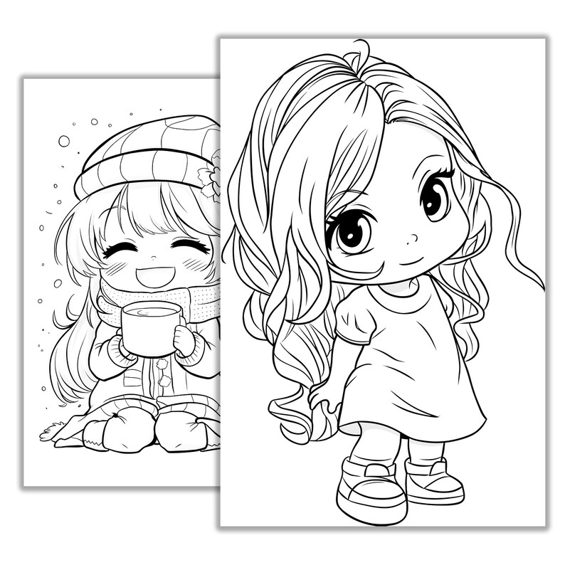 Kawaii Girls Coloring Pages – Cute Anime Style Printable Coloring ...
