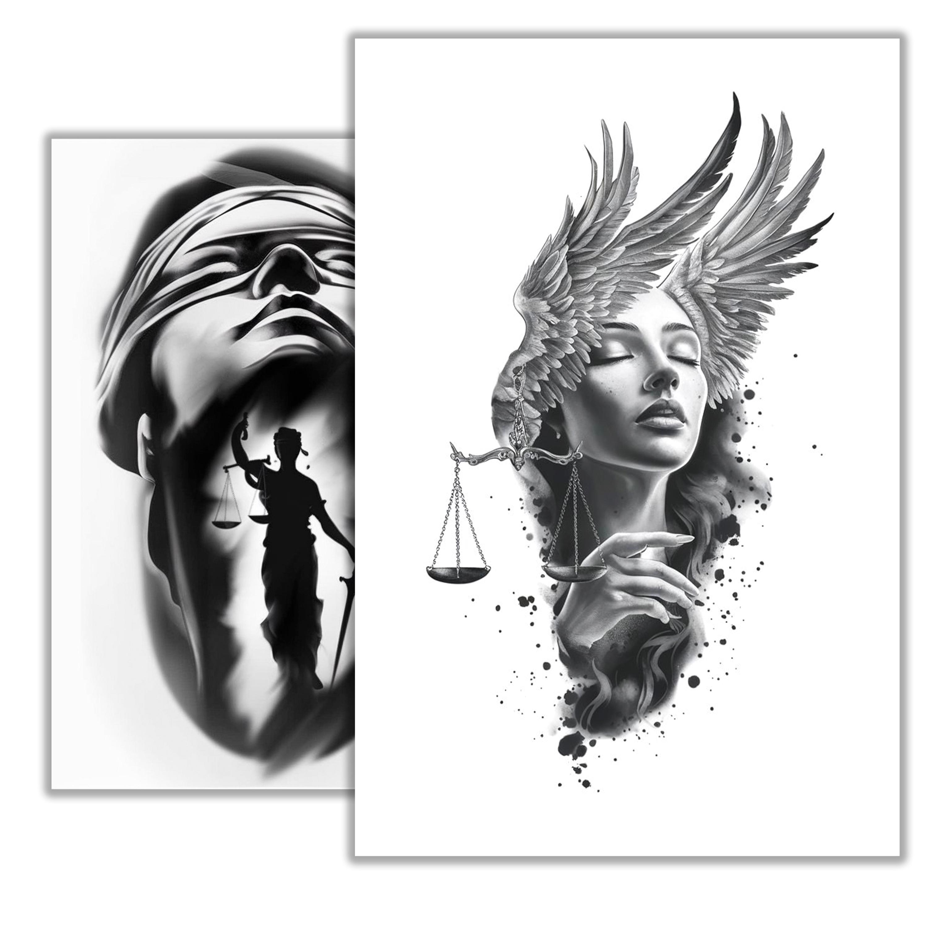 Themis Justice Tattoo Sketch – Goddess of Law Balance Scales Line Art ...