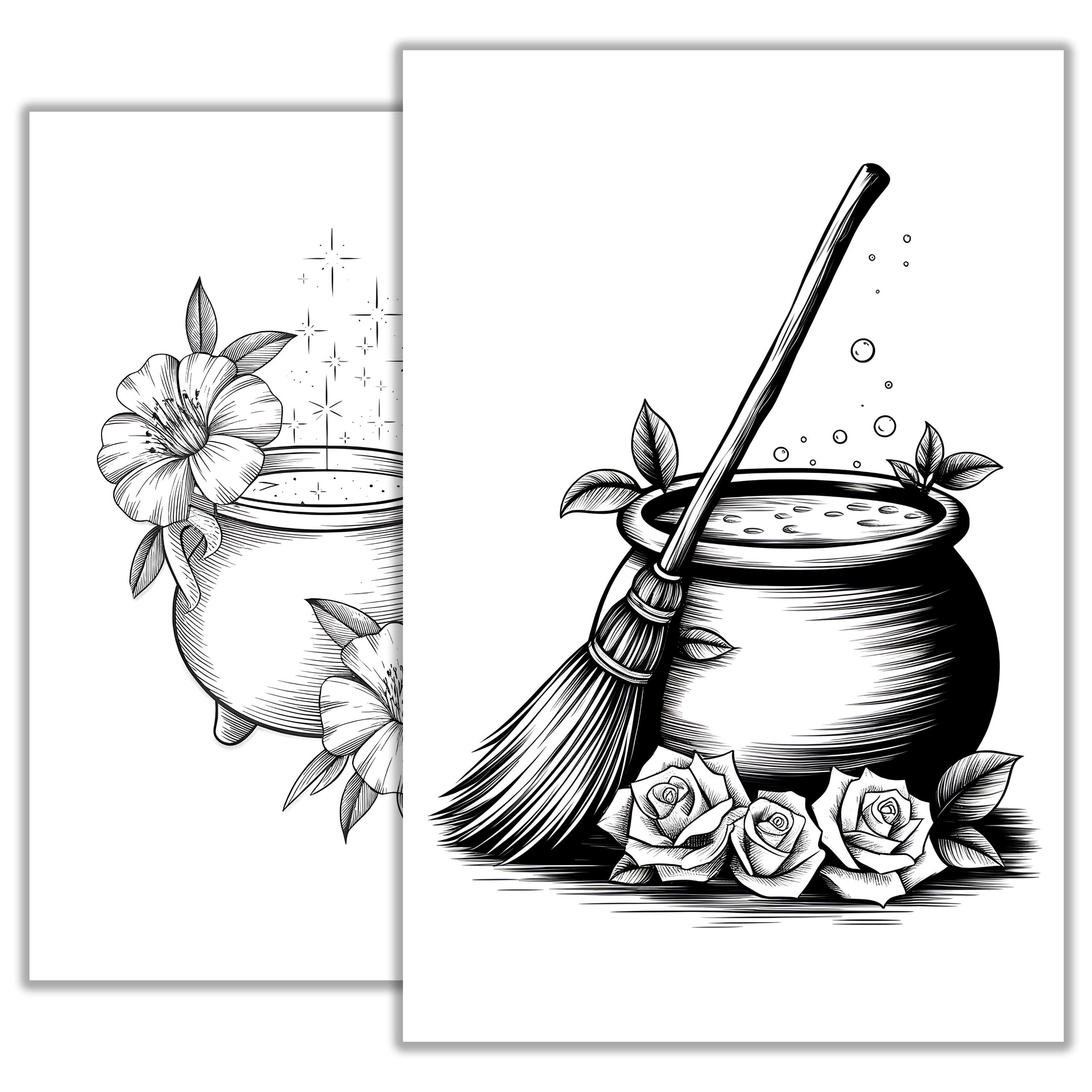 Witch Cauldron Tattoo Sketch – Magical Potion Pot Line Art, Blackwork ...