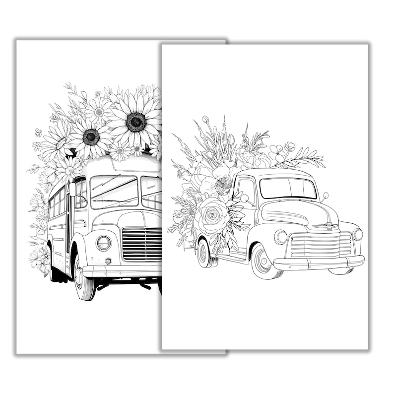 Car With Flowers Coloring Page – Printable Floral Vehicle Art for Kids ...