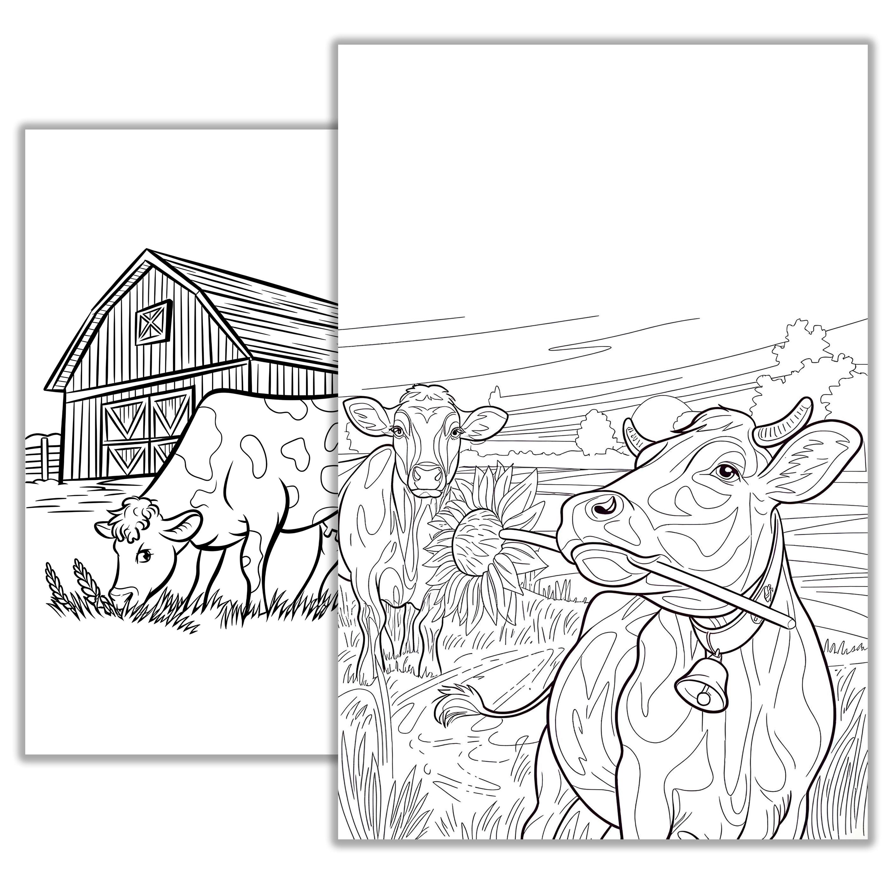Cow Coloring Page - Farm Animal Printable Design - Cute Cow Line Art ...