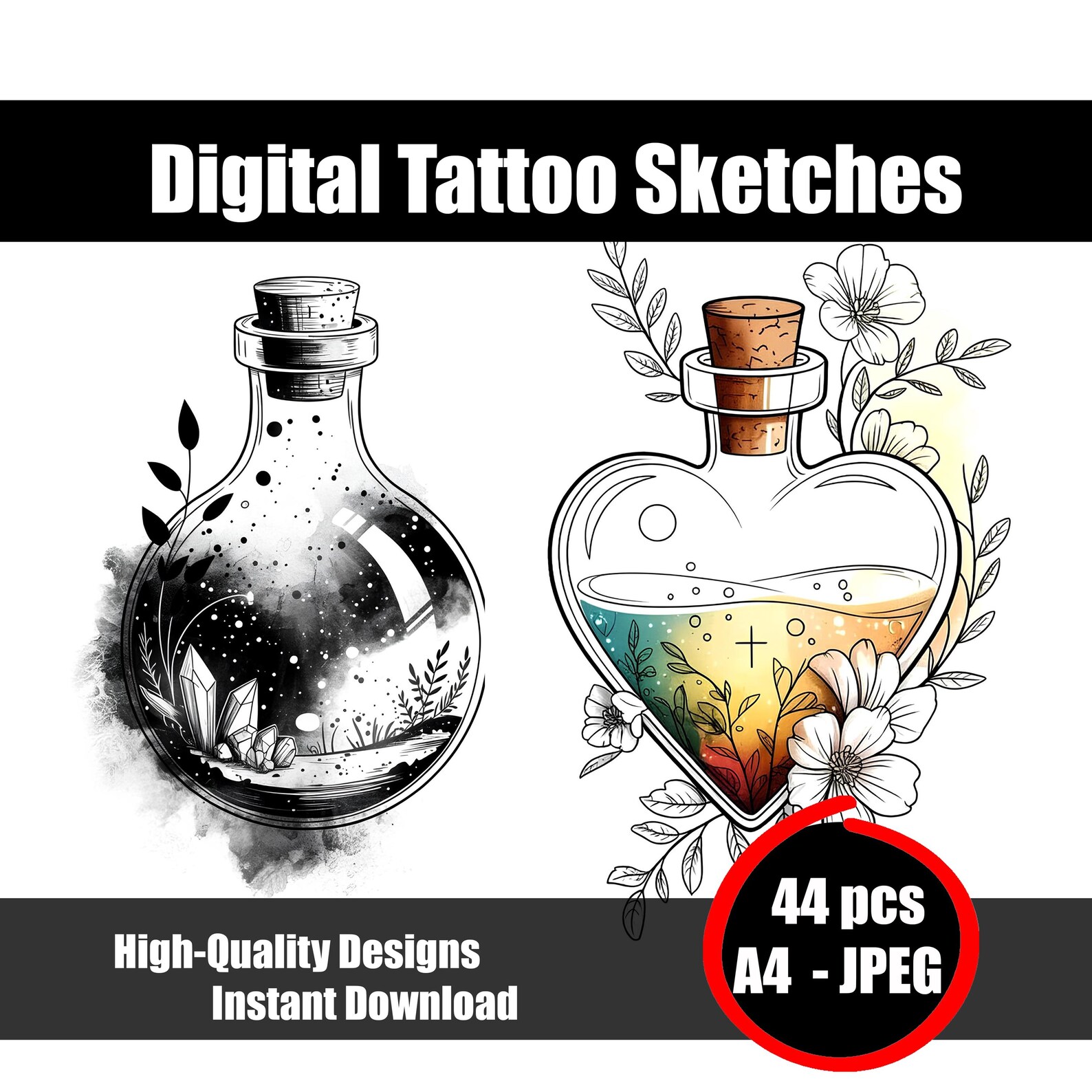 Potion Tattoo Sketch 5| Magical Bottle Tattoo Design | Witchy Ink Art ...
