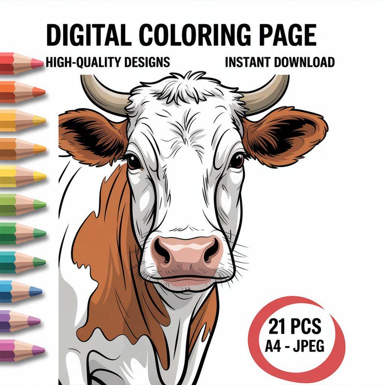 Cow Coloring Page - Farm Animal Printable Design - Cute Cow Line Art ...