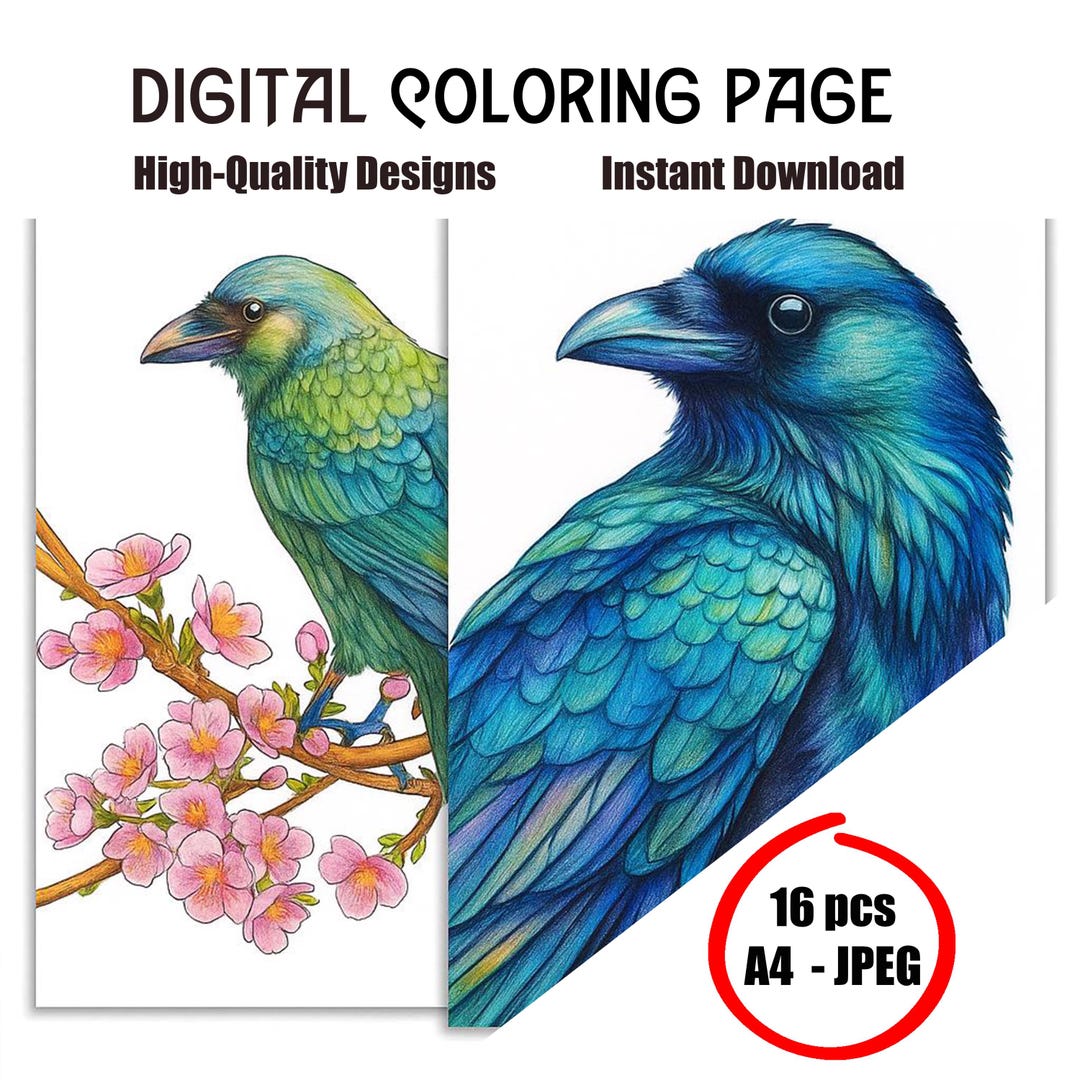 Raven Coloring Page – Printable Gothic Bird Line Art for Adults & Teens ...
