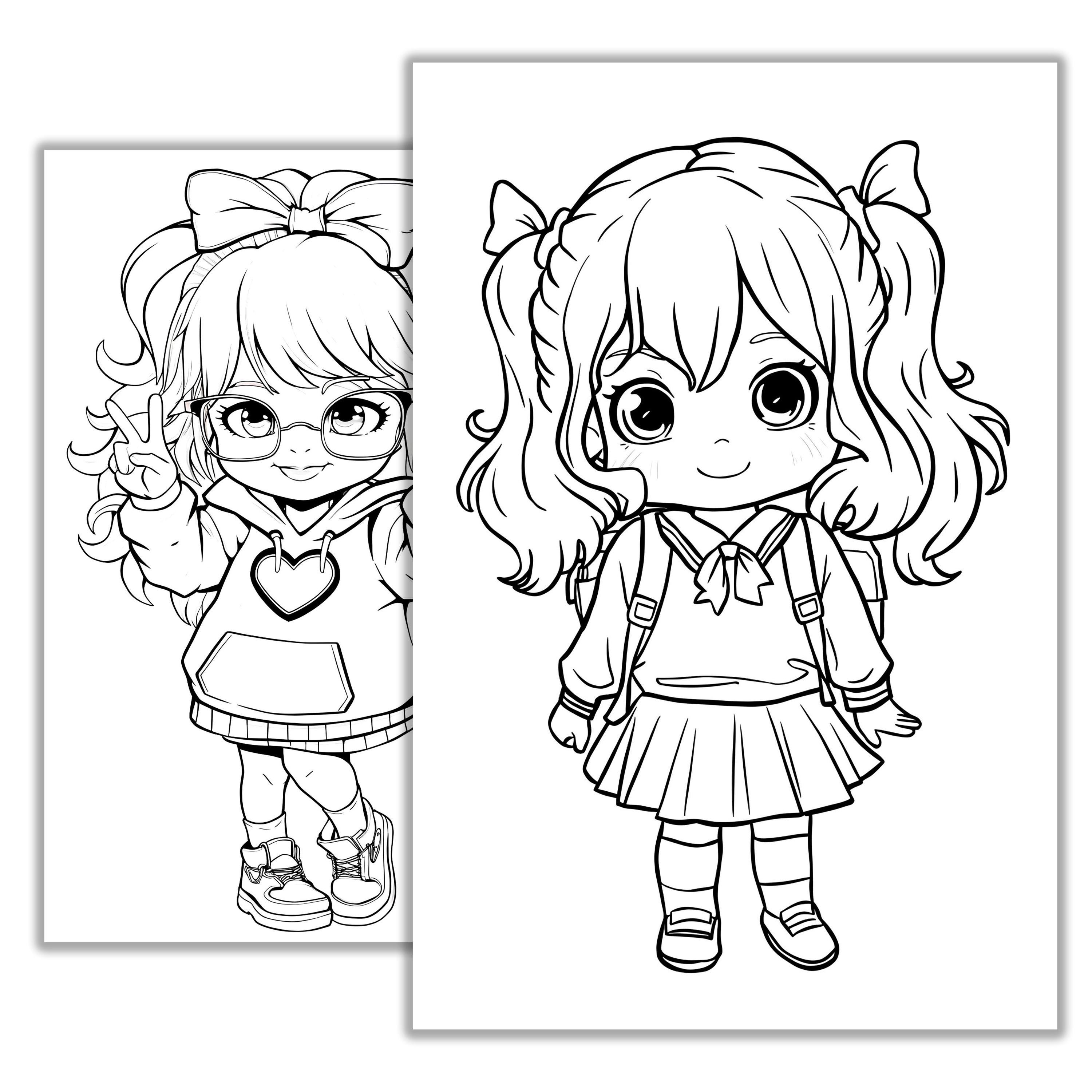 Kawaii Girls Coloring Pages – Cute Anime Style Printable Coloring ...