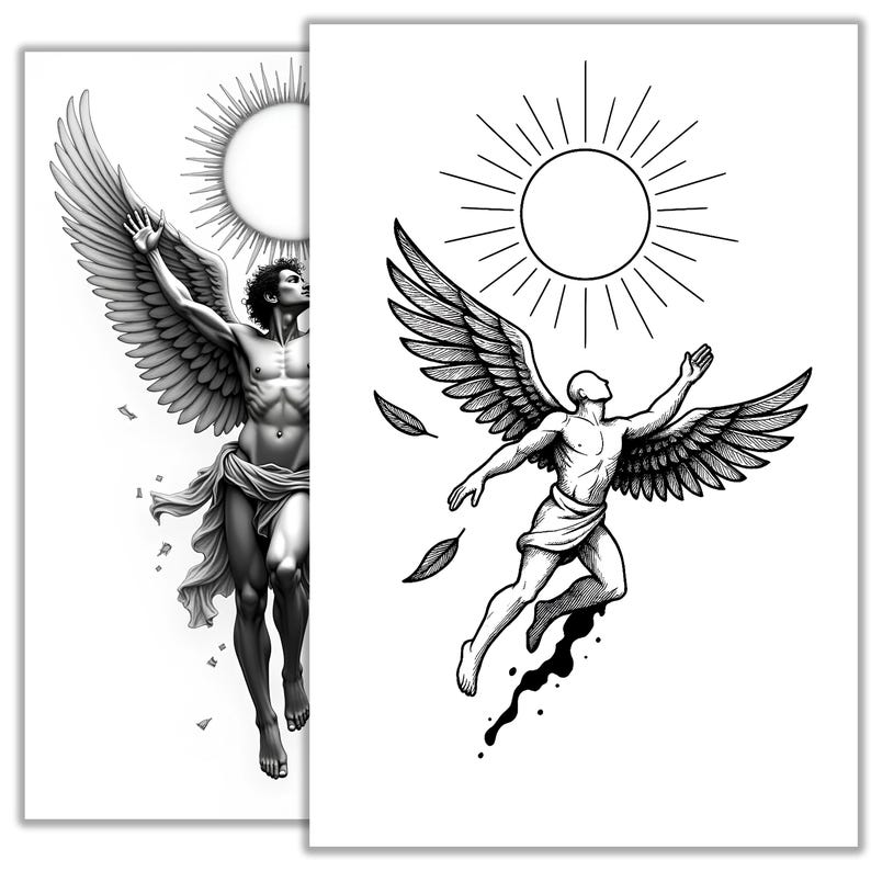 Icarus Tattoo Sketch #2- Greek Mythology Design, Wings Sun, Rebirth ...
