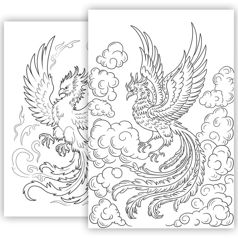 Phoenix Coloring Page - Mythical Bird Printable Art, Firebird Line ...
