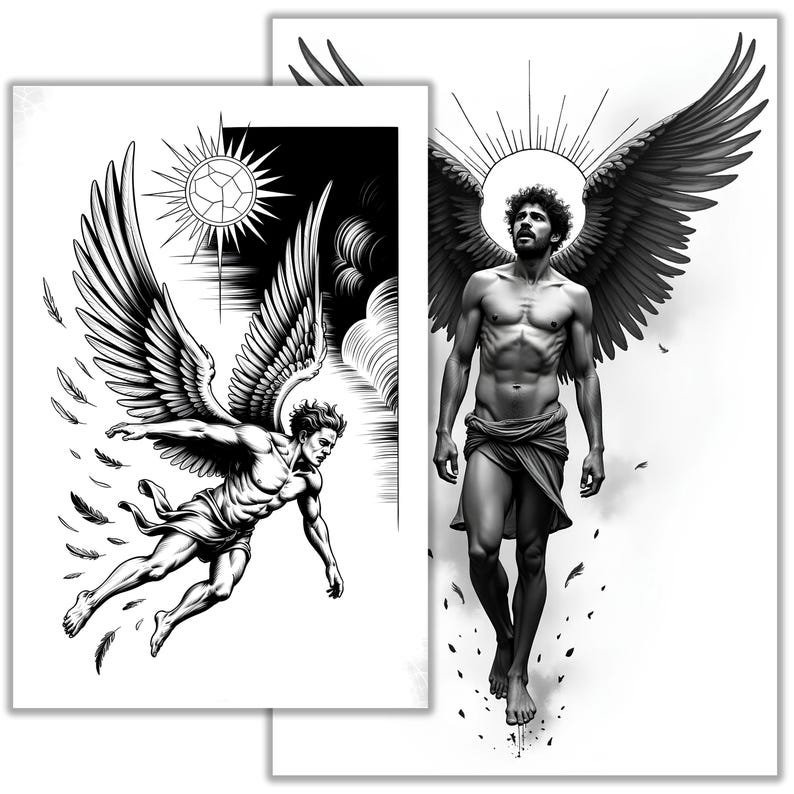Icarus Tattoo Sketch #2- Greek Mythology Design, Wings Sun, Rebirth ...
