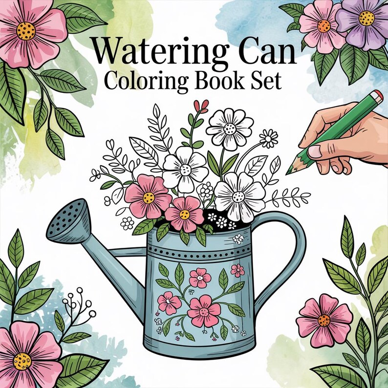 Watering Can Coloring Page for Adults - Floral Garden PDF Printable ...