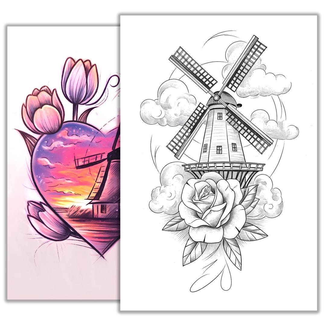 Windmill Tattoo Sketch - Dutch Countryside Line - Minimalist Windmill ...