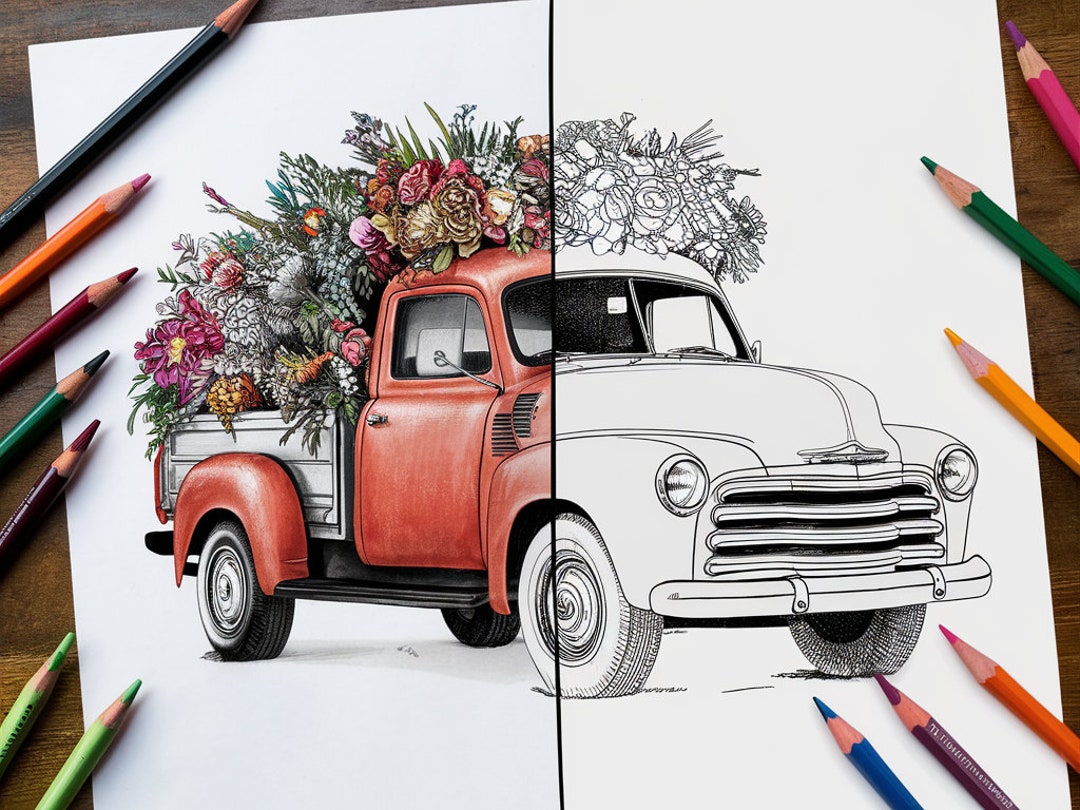 Car With Flowers Coloring Page Printable Unique Art for Kids & Adults ...