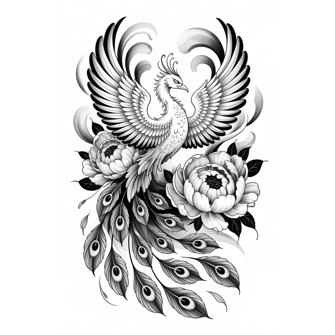 Phoenix Tattoo Sketch #2 | Majestic Mythical Bird Line Art | Black and ...