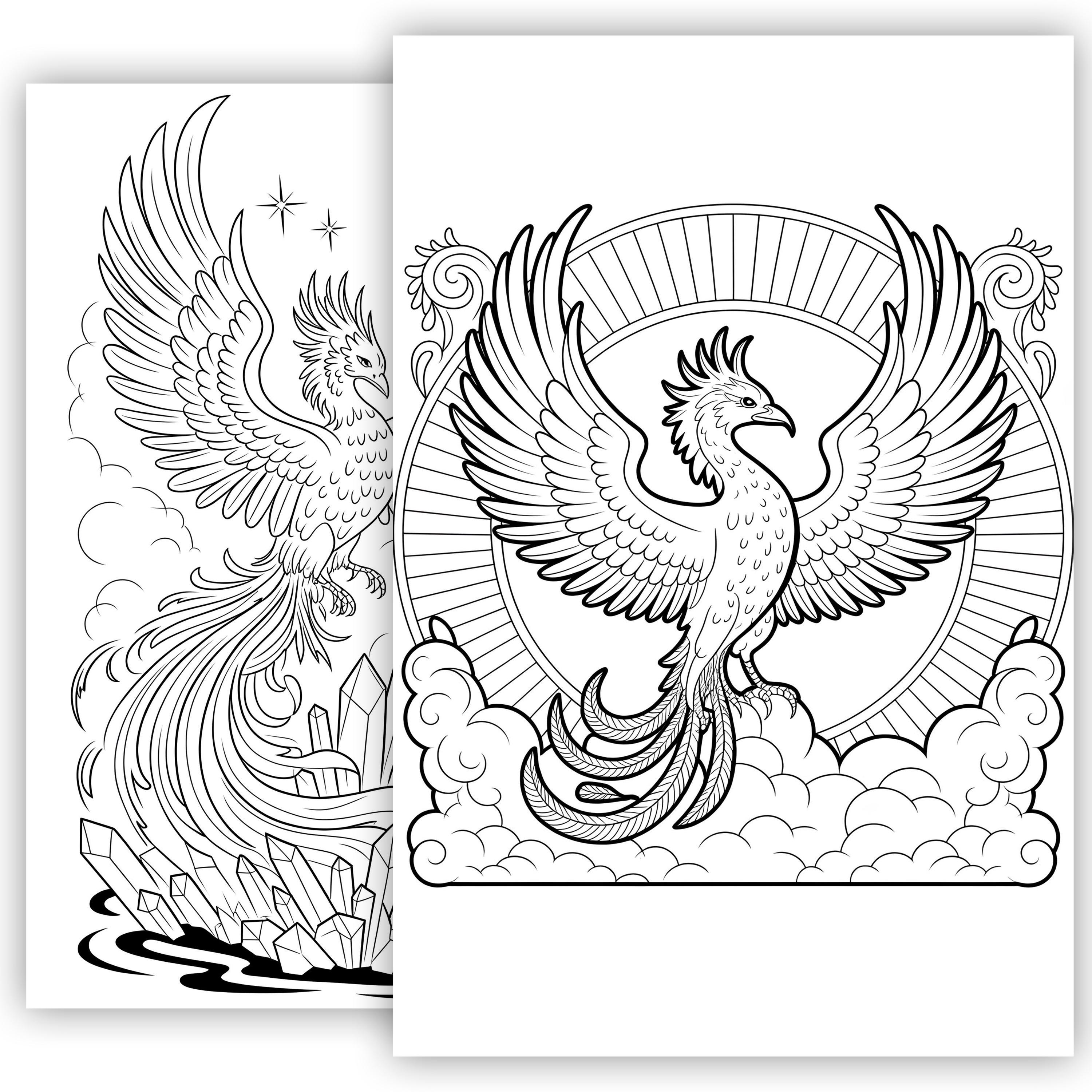 Phoenix Coloring Page - Mythical Bird Printable Art, Firebird Line ...