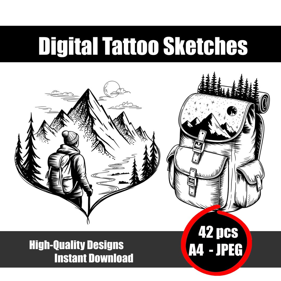 Hiking Backpack Tattoo Sketch #2– Adventure Tattoo Design, Traveler Ink ...