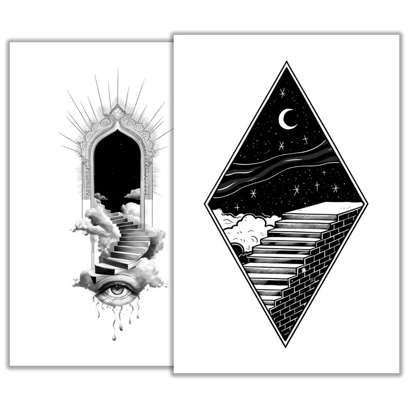 Stairway Tattoo Sketch – Surreal Staircase Tattoo Design | Blackwork ...