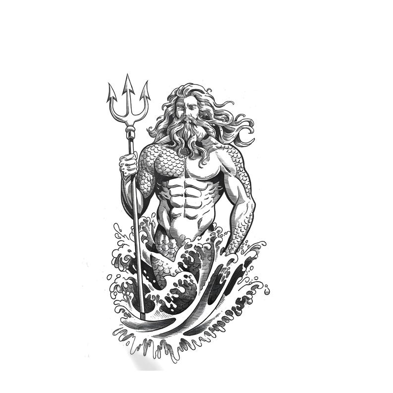 Poseidon Tattoo Sketch | Greek God of the Sea Illustration - Etsy