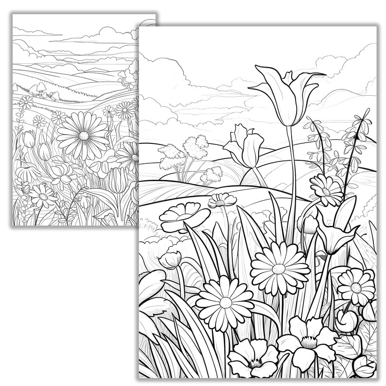 Flowers in the Field Coloring Page. Printable Floral Scene for Kids and ...